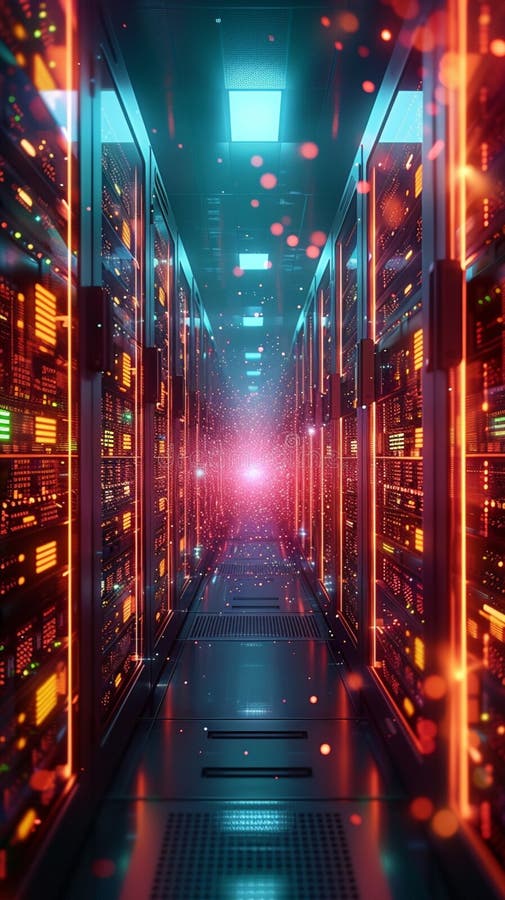 Tech Driven Infrastructure 3D Rendered Server Room with Vibrant Data ...