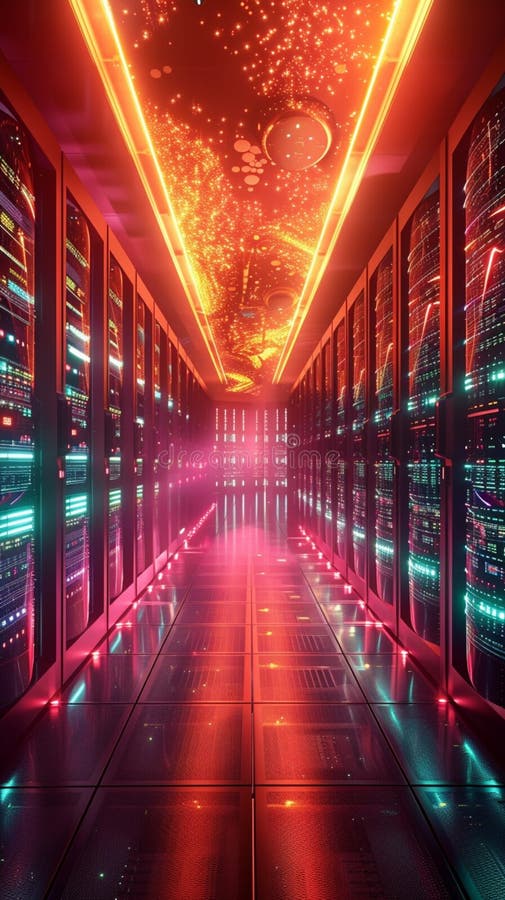 Tech Driven Infrastructure 3D Rendered Server Room with Vibrant Data ...