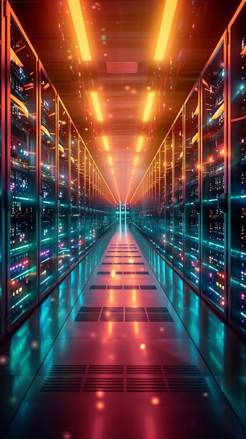 Tech Driven Infrastructure 3D Rendered Server Room with Vibrant Data ...