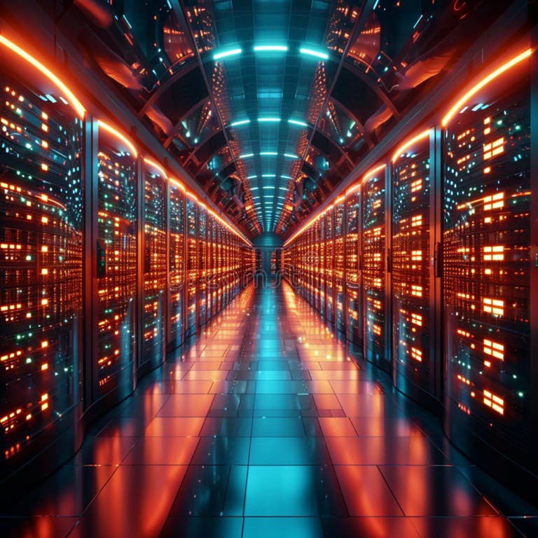 Tech Driven Infrastructure 3D Rendered Server Room with Vibrant Data ...