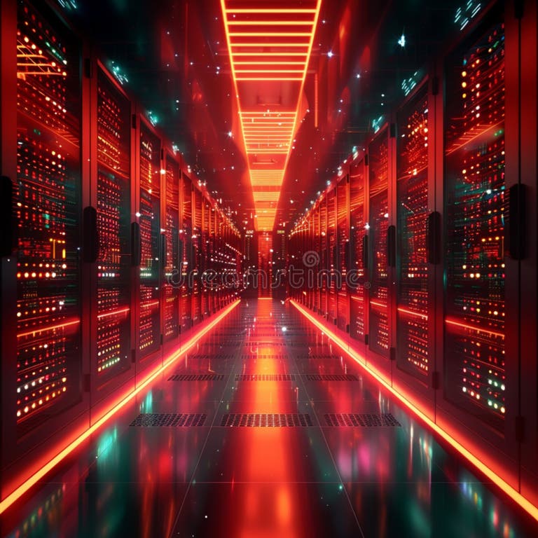 Tech Driven Infrastructure 3D Rendered Server Room with Vibrant Data ...