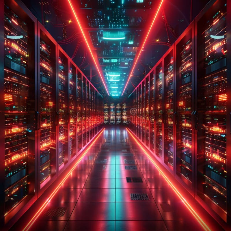 Tech Driven Infrastructure 3D Rendered Server Room with Vibrant Data ...