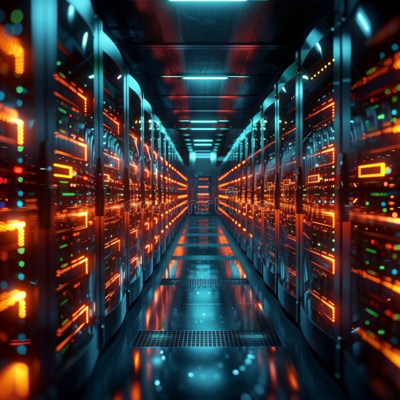 Tech Driven Infrastructure 3D Rendered Server Room with Vibrant Data ...