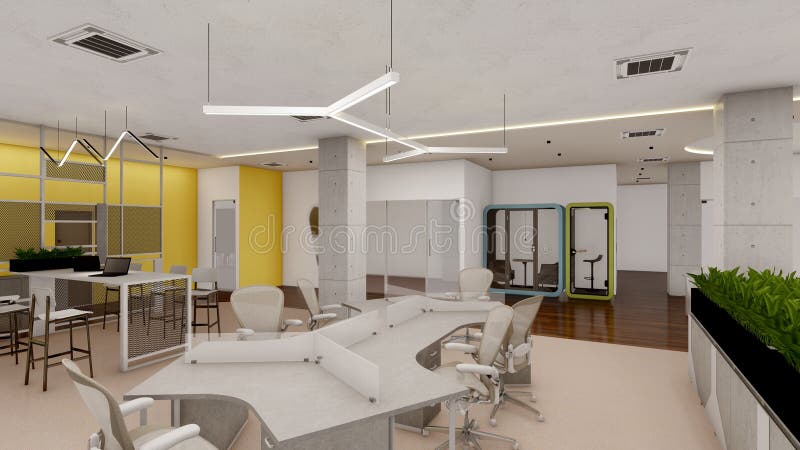 Tech-Driven Office Workspace Concept with Accent Walls and Wooden ...