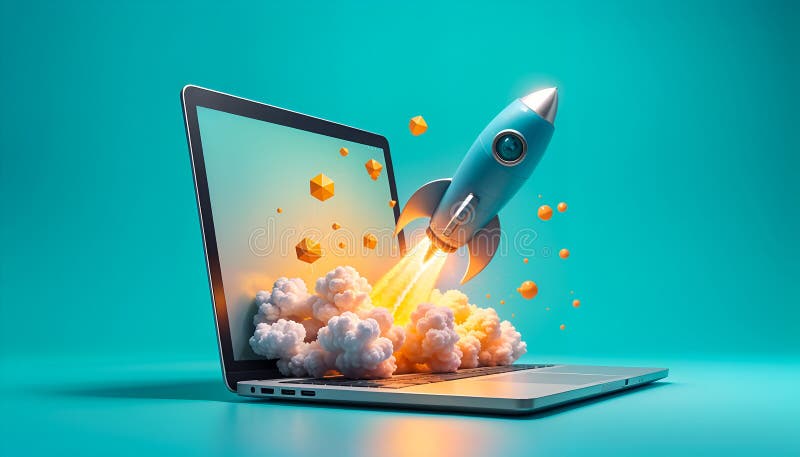 Tech-Driven Success: Rocket Emerging from Laptop Screen on Blue ...