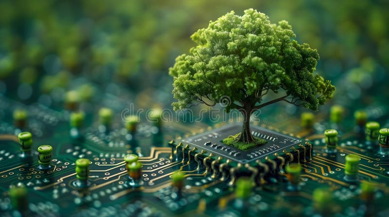 Tech Ecosystem Harmony: a Tree Blooms from a Circuit Board. Concept ...