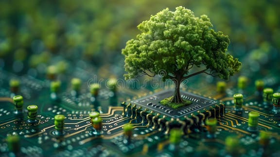 Tech Ecosystem Harmony: a Tree Blooms from a Circuit Board. Concept ...