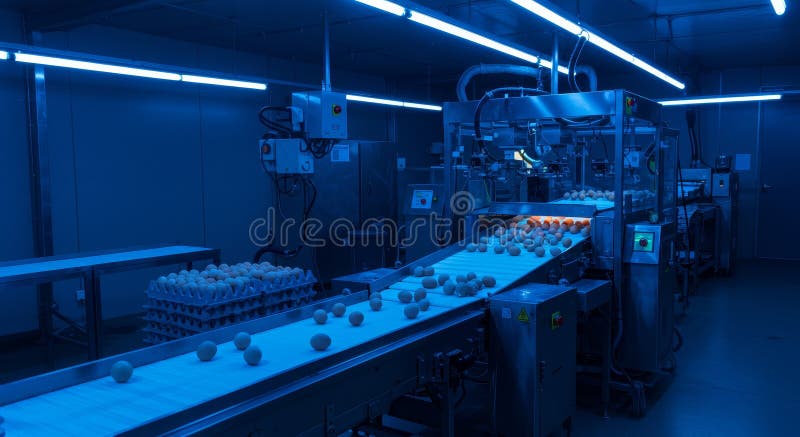 Tech Egg Sorting Automated Process Under Blue UV Light Modern Facility Automated Egg Sorting ...