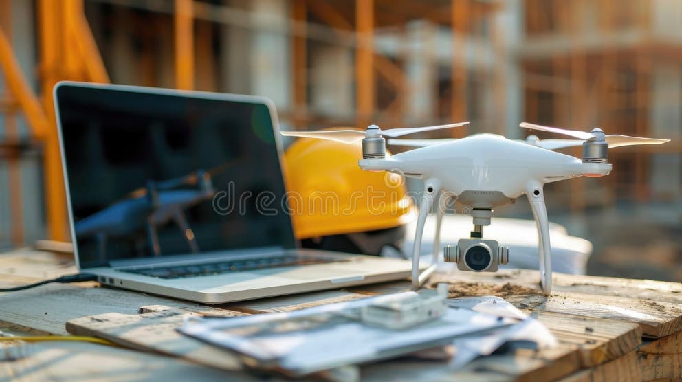 A Tech-enhanced Construction Site Table with a Helmet, Drone, and ...