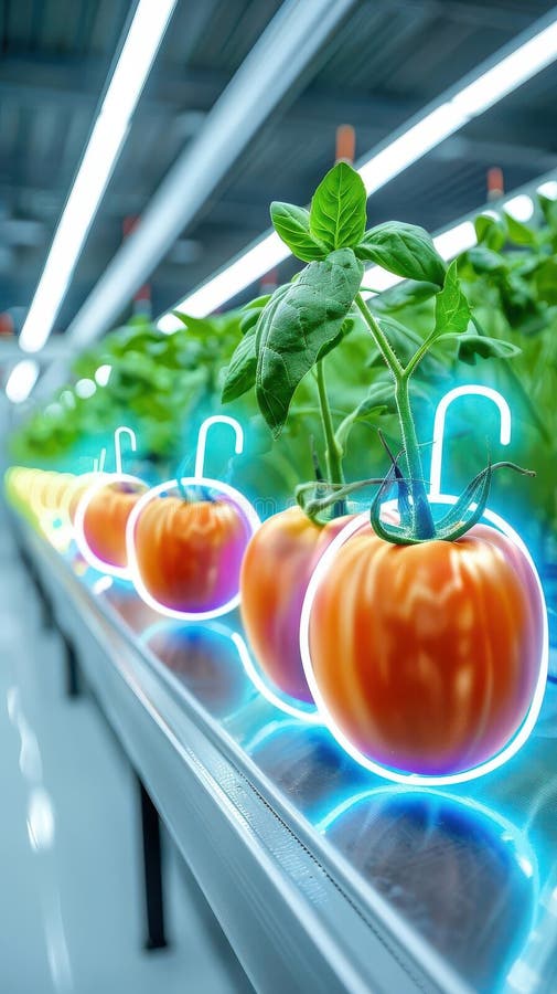 Tech-enhanced Tomatoes Growing Indoors Under Neon Blue Lights, Modern ...
