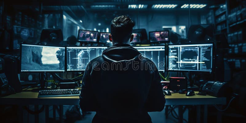 Tech Enthusiast Monitoring Global Data in a Dark Control Room. Hacker ...