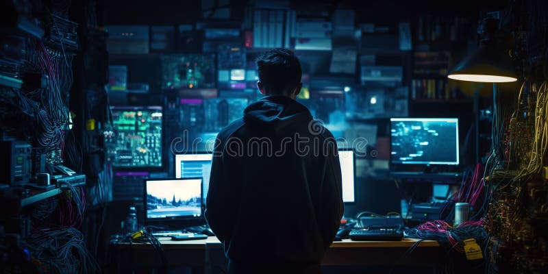 Tech Enthusiast Monitoring Global Data in a Dark Control Room. Hacker ...