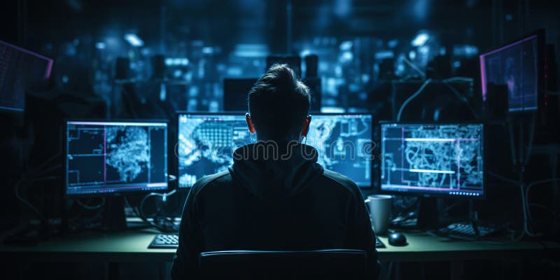 Tech Enthusiast Monitoring Global Data in a Dark Control Room. Hacker ...