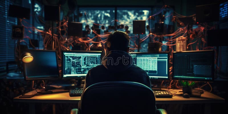 Tech Enthusiast Monitoring Global Data in a Dark Control Room. Hacker ...