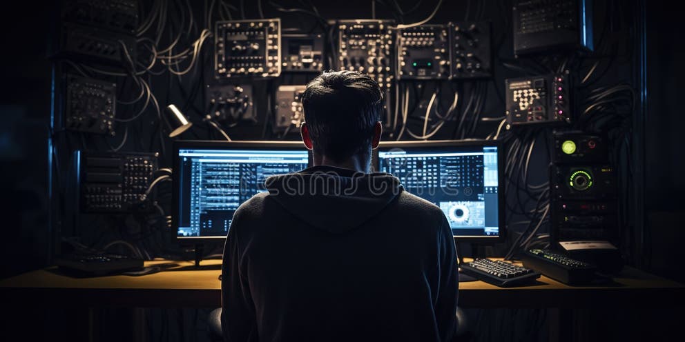 Tech Enthusiast Monitoring Global Data in a Dark Control Room. Hacker Concept Stock Image ...