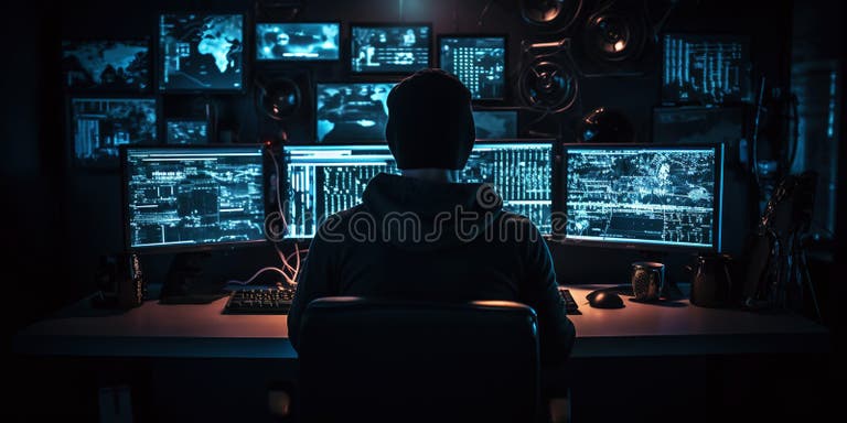 Tech Enthusiast Monitoring Global Data in a Dark Control Room. Hacker Concept Stock Image ...