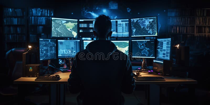 Tech Enthusiast Monitoring Global Data in a Dark Control Room. Hacker ...