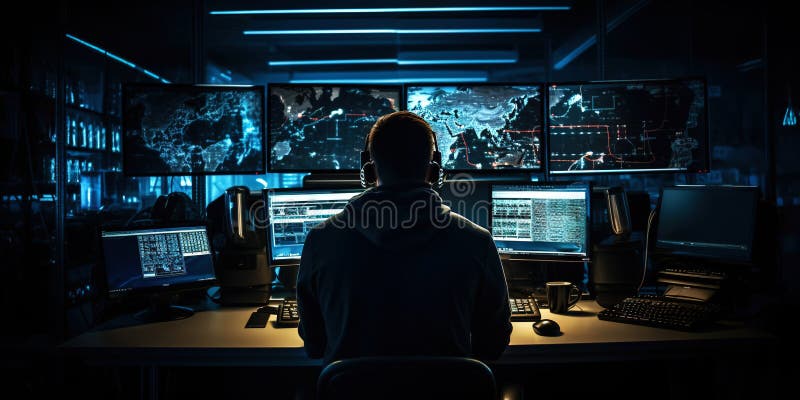 Tech Enthusiast Monitoring Global Data in a Dark Control Room. Hacker Concept Stock Photo ...