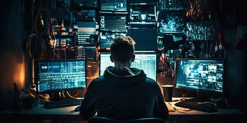 Tech Enthusiast Monitoring Global Data in a Dark Control Room. Hacker ...