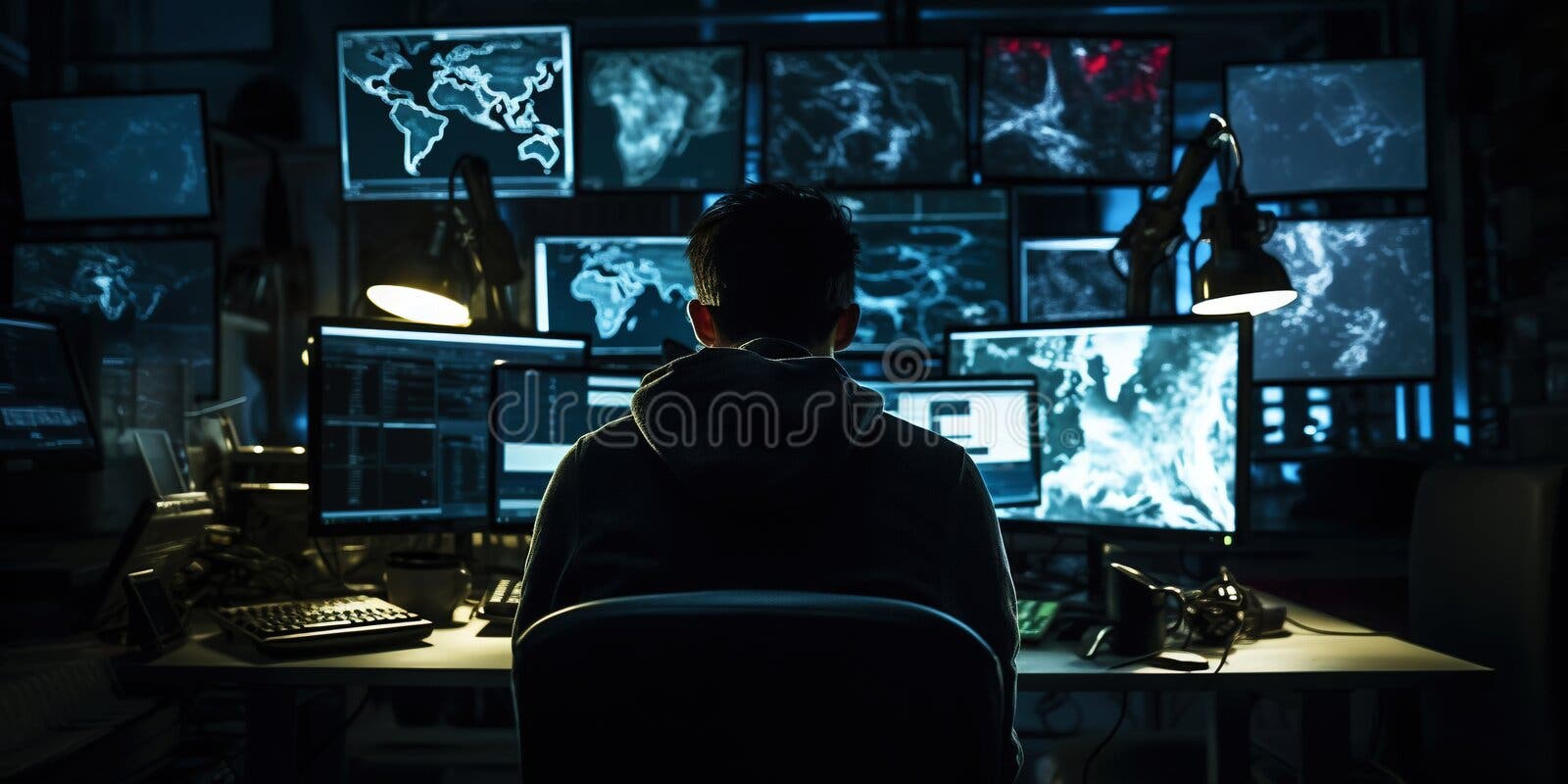 Tech Enthusiast Monitoring Global Data in a Dark Control Room. Hacker Concept Stock Illustration ...