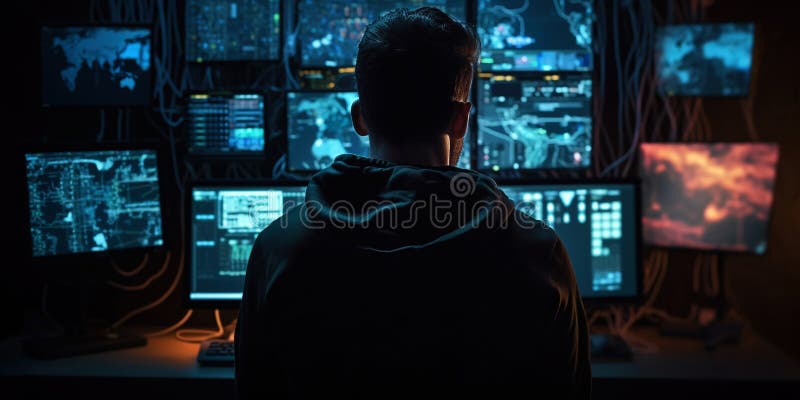 Tech Enthusiast Monitoring Global Data in a Dark Control Room. Hacker ...
