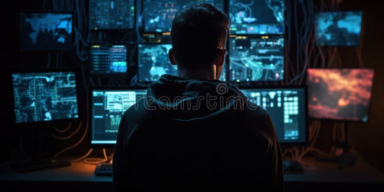 Tech Enthusiast Monitoring Global Data in a Dark Control Room. Hacker Concept Stock Photo ...