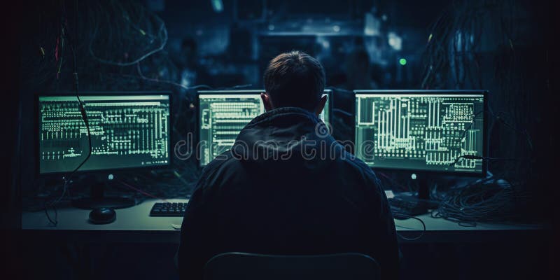 Tech Enthusiast Monitoring Global Data in a Dark Control Room. Hacker Concept Stock Photo ...