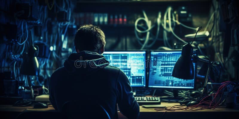 Tech Enthusiast Monitoring Global Data in a Dark Control Room. Hacker ...