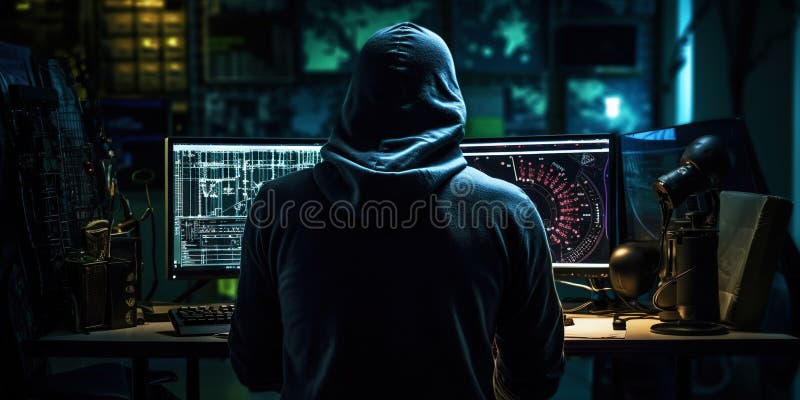 Tech Enthusiast Monitoring Global Data in a Dark Control Room. Hacker ...