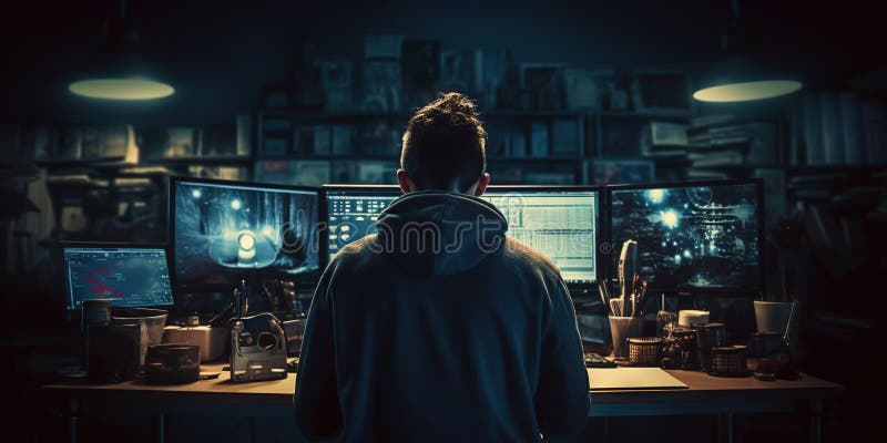 Tech Enthusiast Monitoring Global Data in a Dark Control Room. Hacker ...