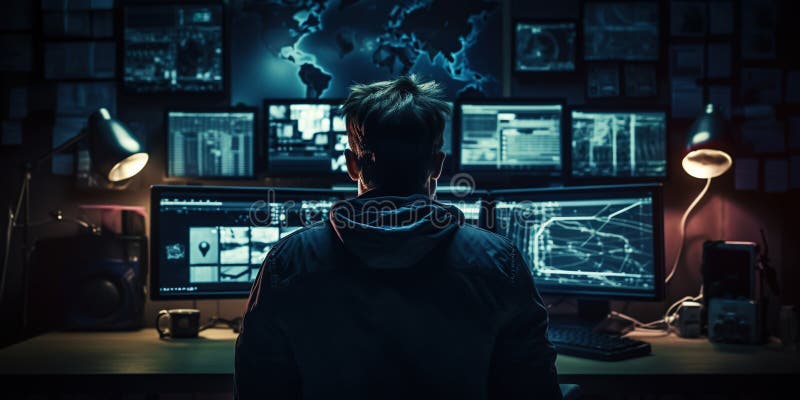 Tech Enthusiast Monitoring Global Data in a Dark Control Room. Hacker ...