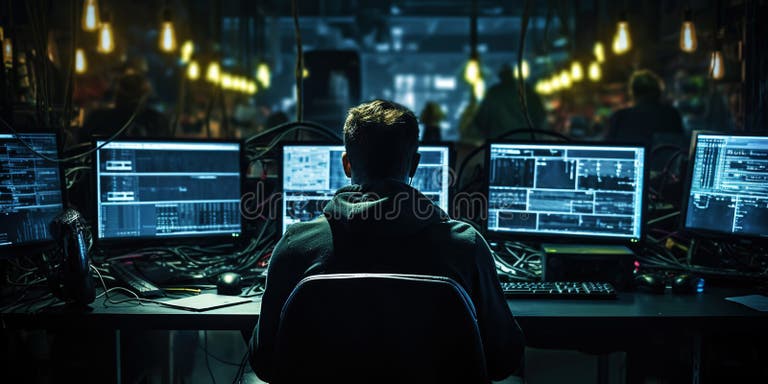 Tech Enthusiast Monitoring Global Data in a Dark Control Room. Hacker Concept Stock Image ...