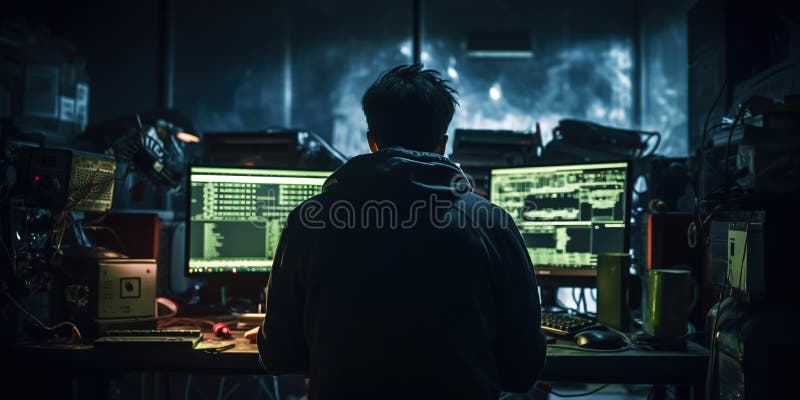 Tech Enthusiast Monitoring Global Data in a Dark Control Room. Hacker ...