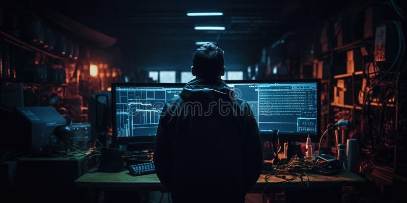 Tech Enthusiast Monitoring Global Data in a Dark Control Room. Hacker ...