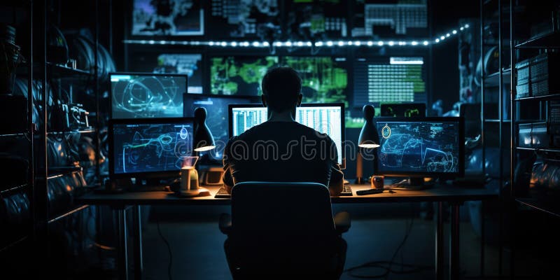 Tech Enthusiast Monitoring Global Data in a Dark Control Room. Hacker ...