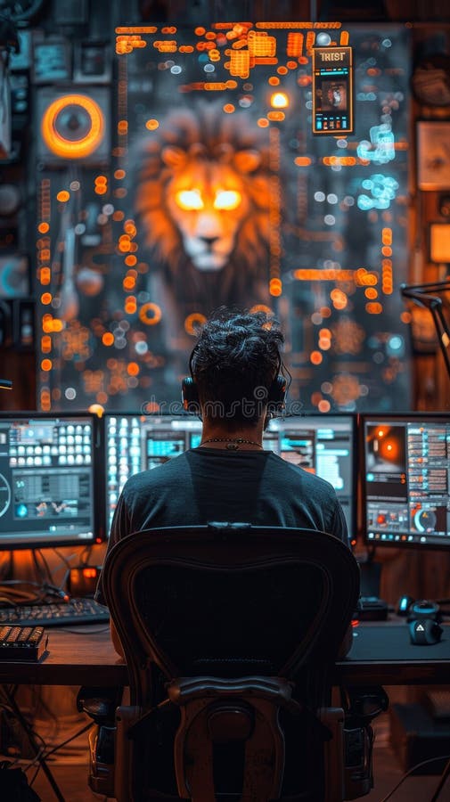 Tech Enthusiast Working at HighTech Computer Setup with Futuristic Lion ...