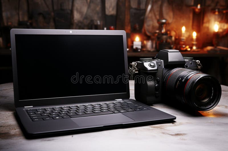 Tech Essentials a Black Digital Camera and Laptop on the Table Stock ...