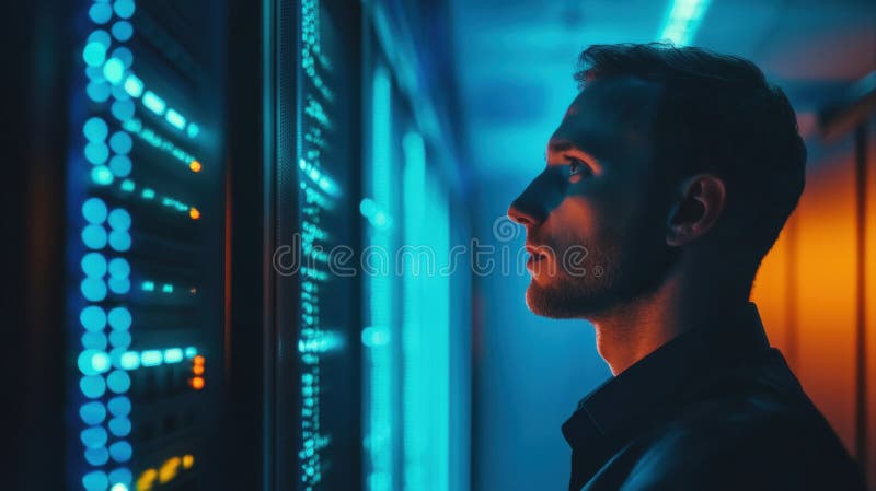 Tech Executive Analyzing Data in a Futuristic Data Center Environment Stock Illustration ...