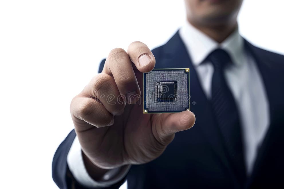 Tech Executive Showcasing Microprocessor, Innovative Technology Presentation. Selective Focus ...