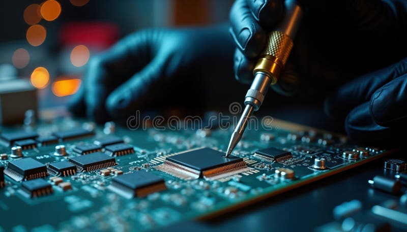 Tech Expert Carefully Repairs Computer Motherboard. Close Up View Shows ...