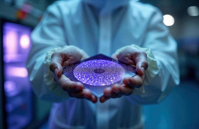 Tech Expert in Protective Uniform Holds Semiconductor Wafer. Modern ...