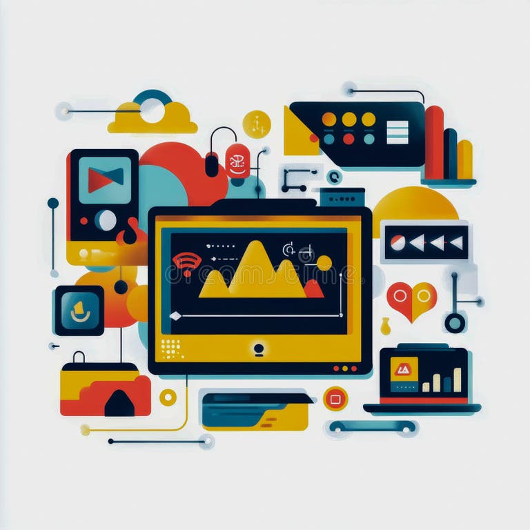 Tech Exploration Flat Icon Featuring Computer and Various Icons for ...
