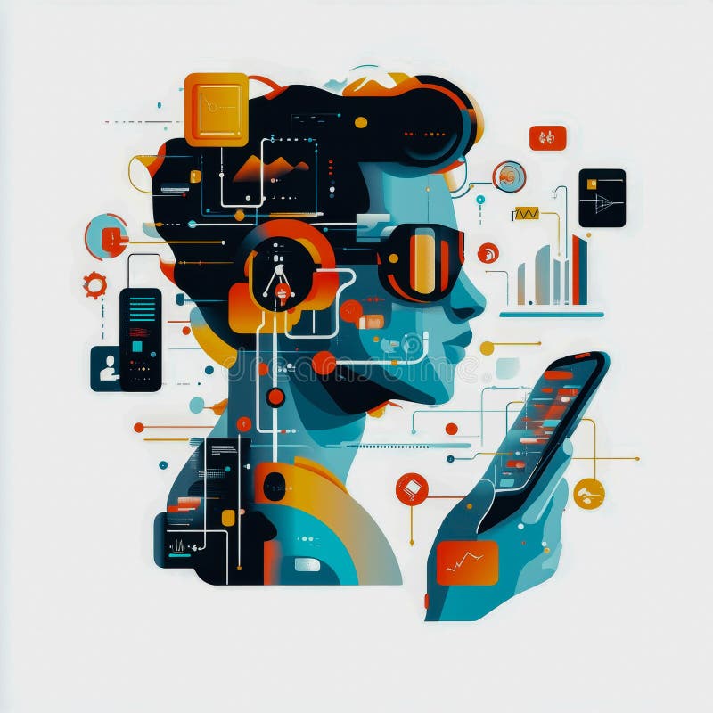 Tech Exploration Icon Featuring Woman with Glasses and Cell Phone in ...