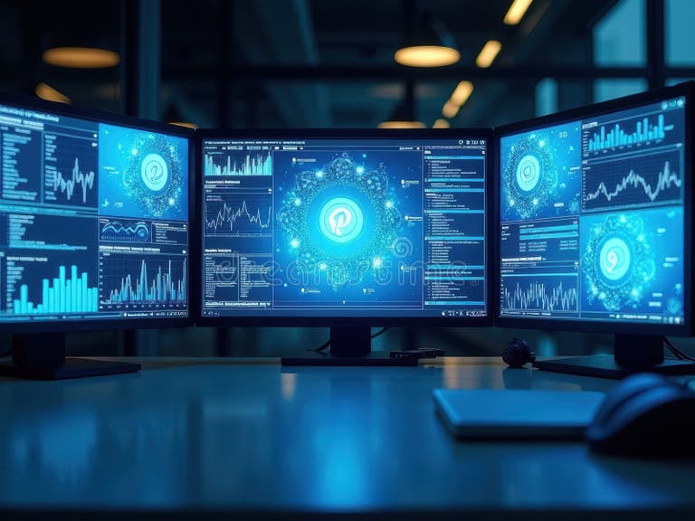 A Tech-Focused Workspace Features Multiple Monitors Displaying Various Analytics and Graphs ...