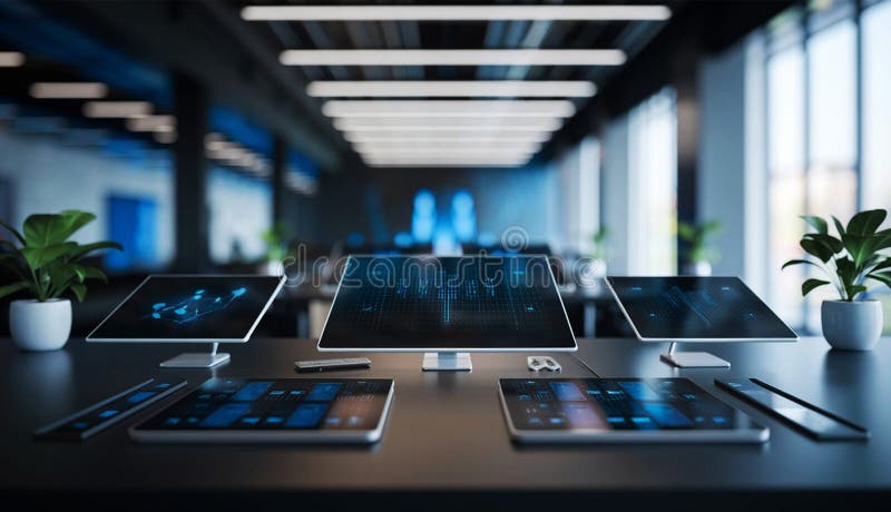 Tech-Forward Office: Modern Digital Workspaces Multiple Displays for ...