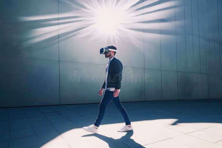 Tech Founder Walking with VR Headset, Innovation and Mobility, Bright Future Energy Stock Photo ...