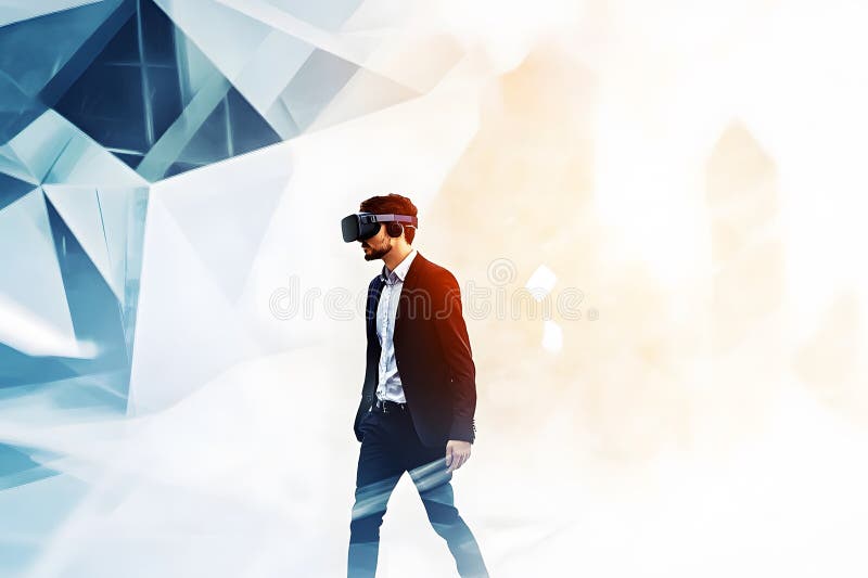 Tech Founder Walking with VR Headset, Innovation and Mobility, Bright ...