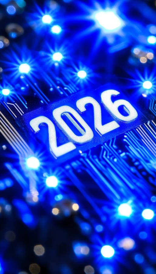 Tech Future Year 2026 Computer Chip with Futuristic Blue Lights ...