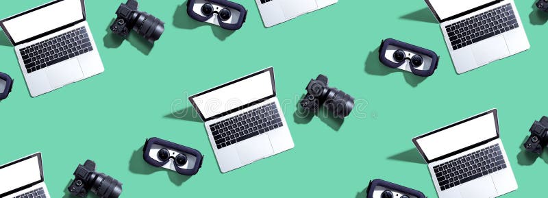 Tech Gear Theme with Vr Headset, Dslr Camera and Laptop Stock Image ...