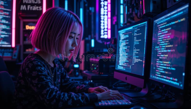 Tech Genius: Attractive Woman with Glasses Programming Code in a ...